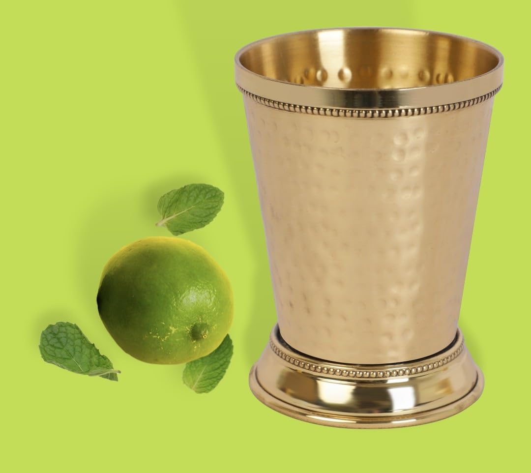 HANDTECHINDIA Mint Julep Cups For Bourbon Cocktail Moscow Mule Kentucky Derby Classic Beaded Trim Border Made by Soild Brass Capacity-12 Ounce (Hammered, 2)