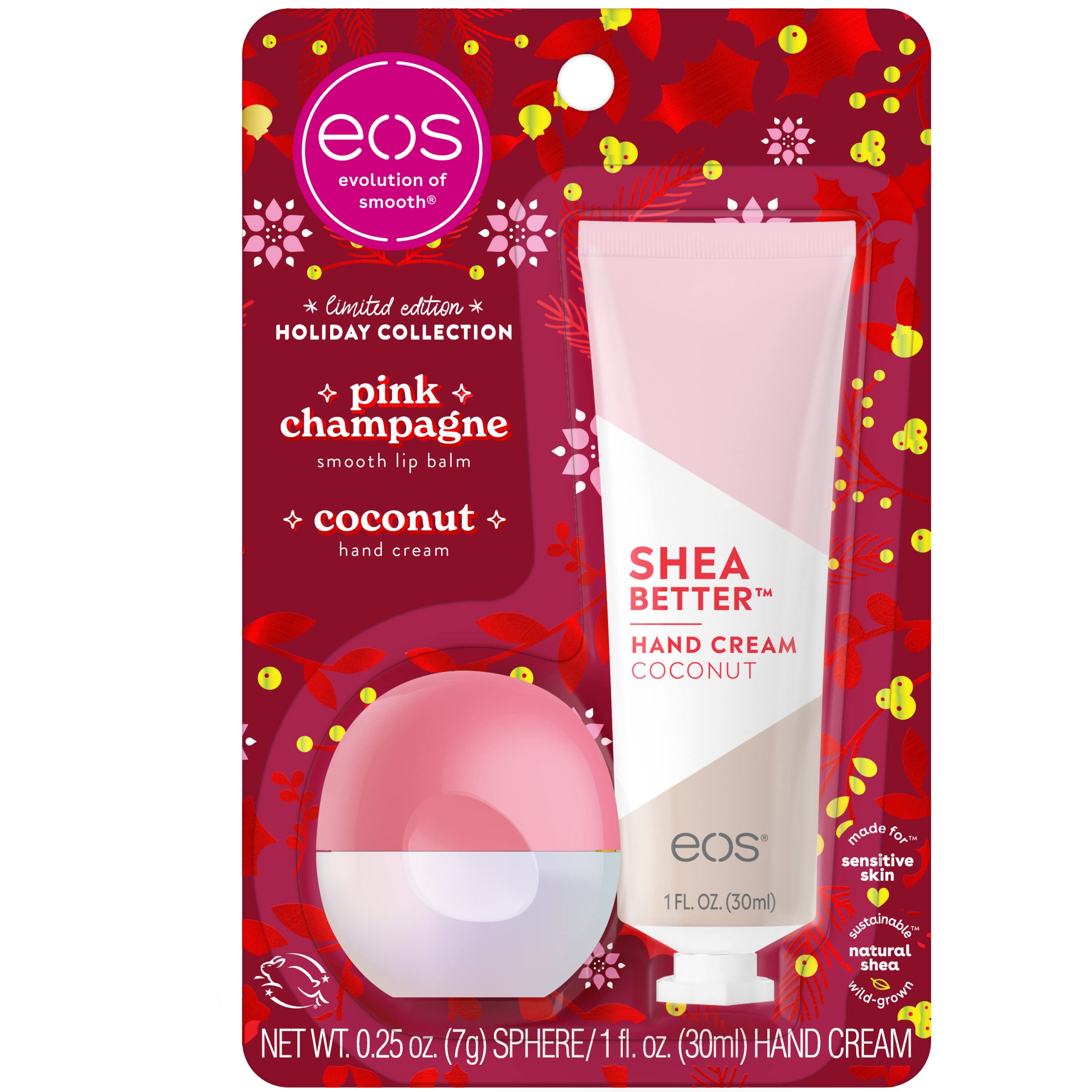 eos Limited Edition Holiday Collection- Pink Champagne Lip Balm & Coconut Hand Cream, 24-Hour Hydration, 2-Pack, Clear