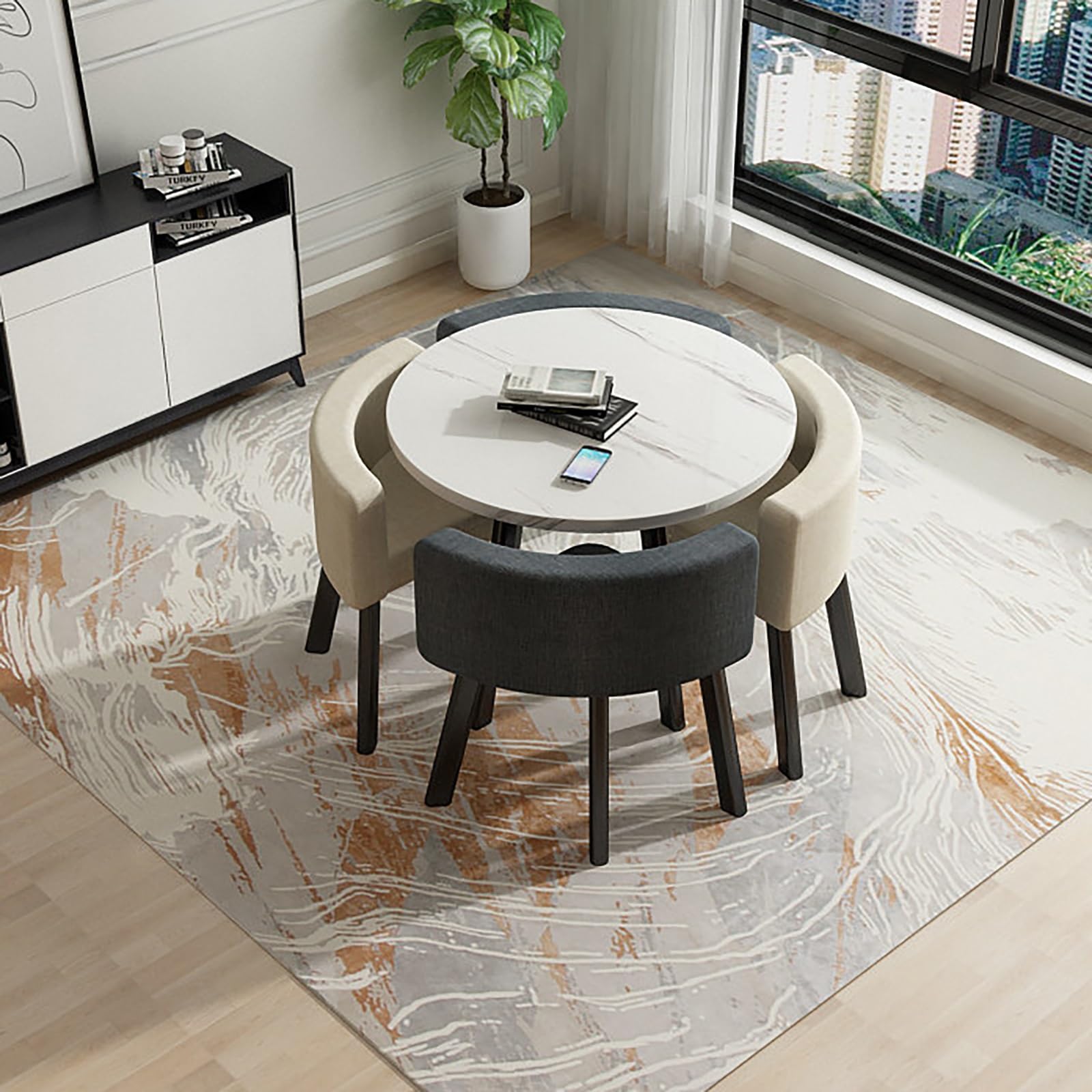 Dining Table Set Table Imitation Marble Top Dining Room Table Set for Small Spaces, Kitchen Table and Chairs for 4, Dining Set w/ 4 Chairs, Padded Seats & Backrests, Wooden Frame ( Color : White round