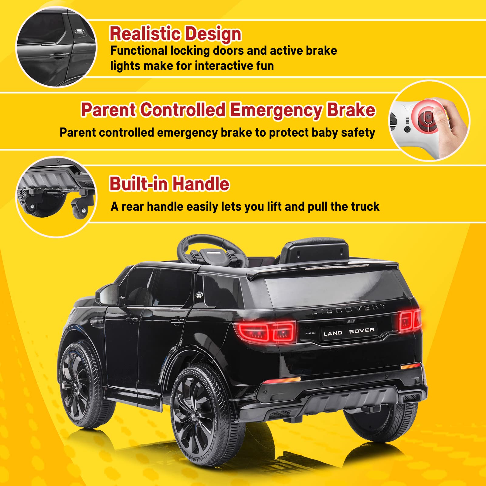 Hetoy Ride on Car for Kids 12V Power Battery Electric Vehicles Licensed Land Rover Ride On Truck w/Parent Remote Control, MP3 Player, Rocking, Pull Rod (Black)