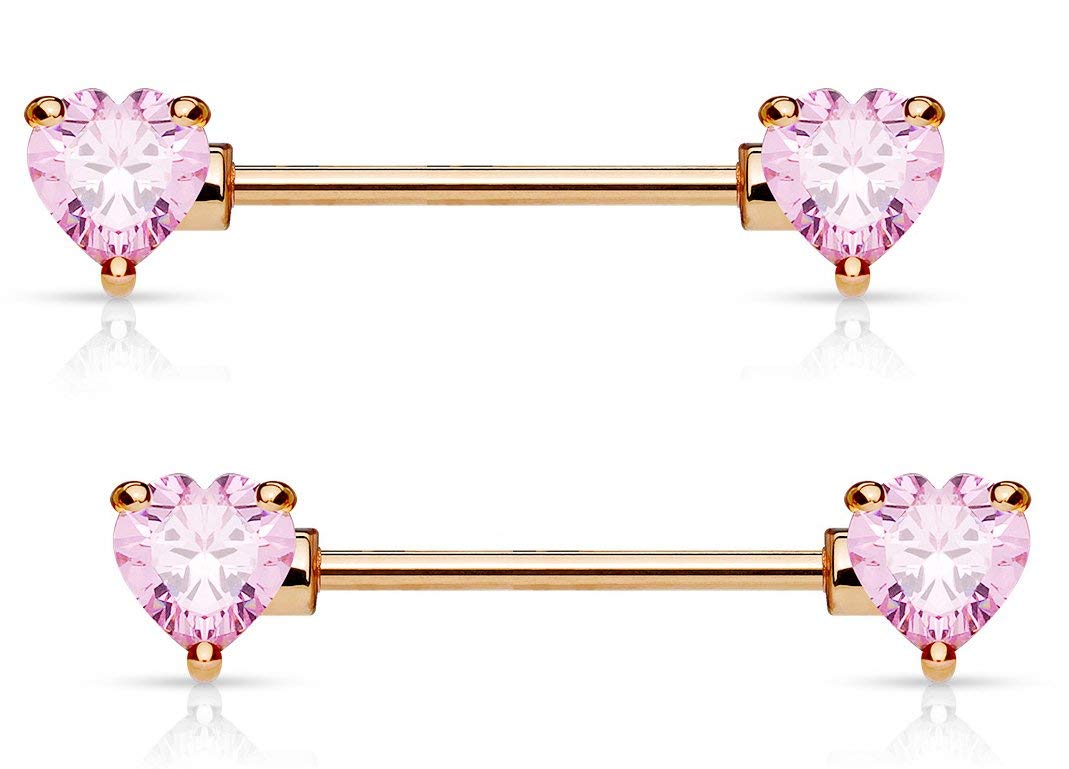 Forbidden Body Jewelry Pair of Surgical Steel 5/8 Inch Cubic Zirconia Crystal Double Heart Nipple Barbells, Pink (Rose Gold Tone)