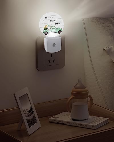 Night Light Plug into Wall, LED Nightlights Easter Green Truck with Bunny Eggs Wooden Board Texture Small Nightlight Auto Dusk-to-Dawn Sensor Lamp LED Night Lights for Kid's Bedroom, Bathroom