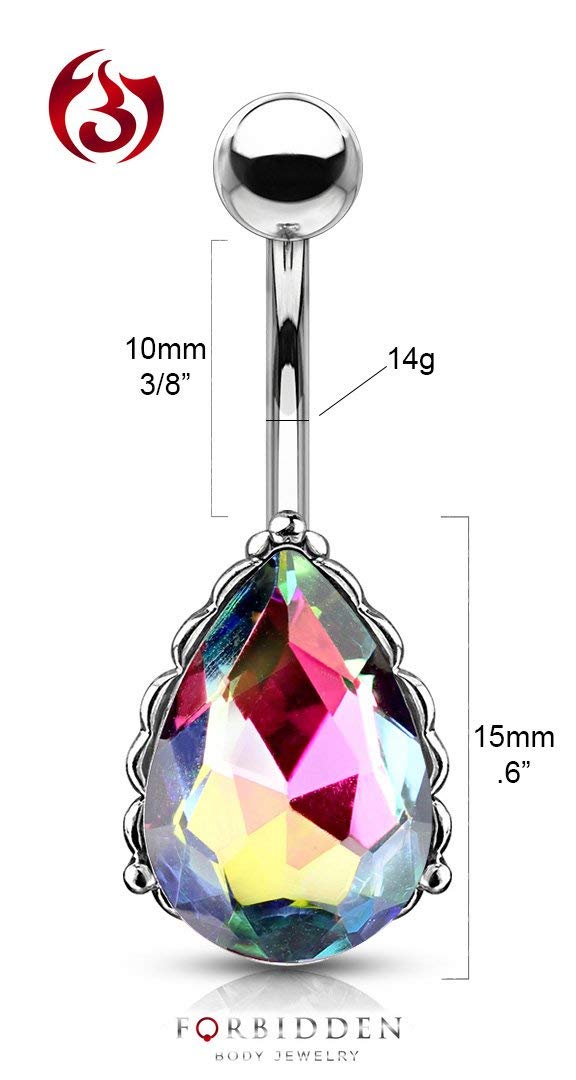 Forbidden Body Jewelry Surgical Steel Belly Ring with Iridescent AB Effect Tear Drop Crystal, Rainbow