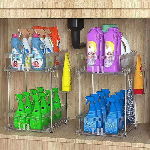 NIHEHAG 2 Tier Clear Under the Sink Organizer-Slide-Out Bathroom Cabinet Organizer With Hook/Cup/Dividers Acrylic Under Bathroom Sink Organizer and Storage for Medicine, Kitchen, Pantry, Cabinet