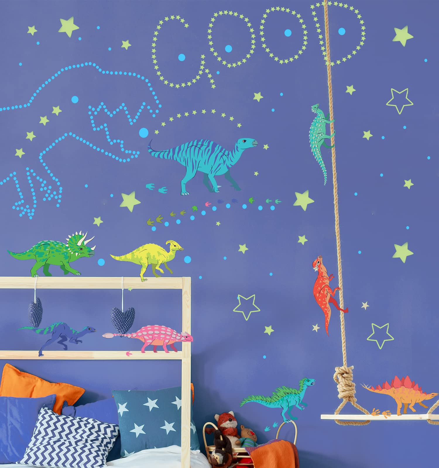 Glow in The Dark Dinosaur Wall Decals - 652Pcs Dinosaur Wall Stickers for Boys Room,Kids Wall Decor Stars for Baby Nursery Boys Bedroom Ceiling (Green Dinosaur)