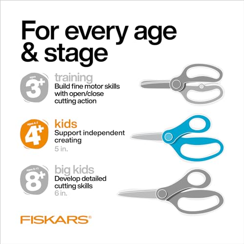 Fiskars 5" Softgrip Left-Handed Pointed-Tip Scissors for Kids Ages 4+ - Left-Handed Scissors for School or Crafting - Back to School Supplies - Blue Lightning