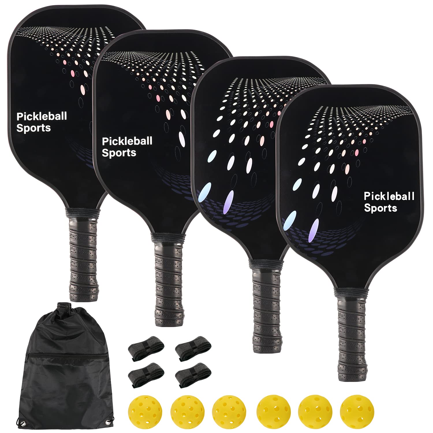 Graphite Pickleball Paddles Set of 4 Pickleball Racquet 6 Pickleball Balls 1 Bag 4 Replacement Soft Grip, Polypropylene Honeycomb Core Lightweight Indoor/Outdoor Pickle Ball Equipment for Men Women