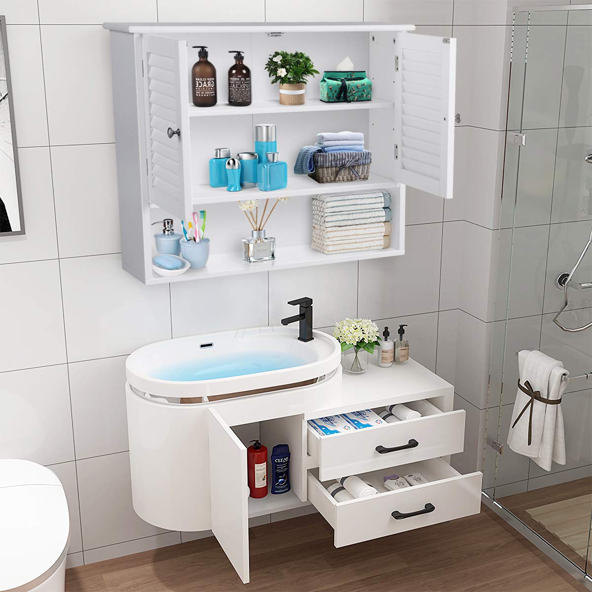 Tangkula Bathroom Wall Cabinet, Wooden Hanging Medicine Cabinet with Double Shutter Doors and Adjustable Shelf, Wall Mounted Bathroom Cabinet with Open Shelf, 26 x 8.5 x 25 Inches, White