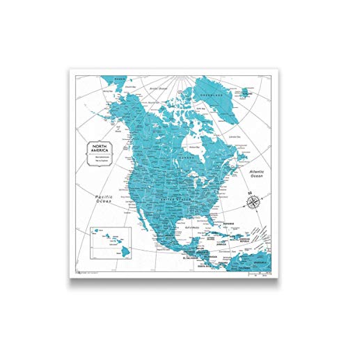 Push Pin North America Map Board - With Push Pins to Mark North America Travel - Handmade in Ohio, USA - Design: Teal Color Splash