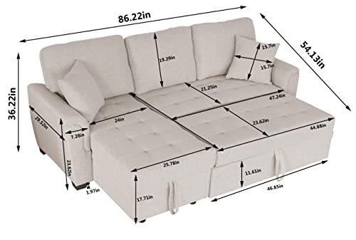 Melpomene Upholstered Sectional Sofa Couch, Convertible Pull Out Bed Sleeper Sofa with Storage 3 Seater L Shaped Couch with 2 Pillows,Linen Fabric Corner Sofa for Living Room(Beige)