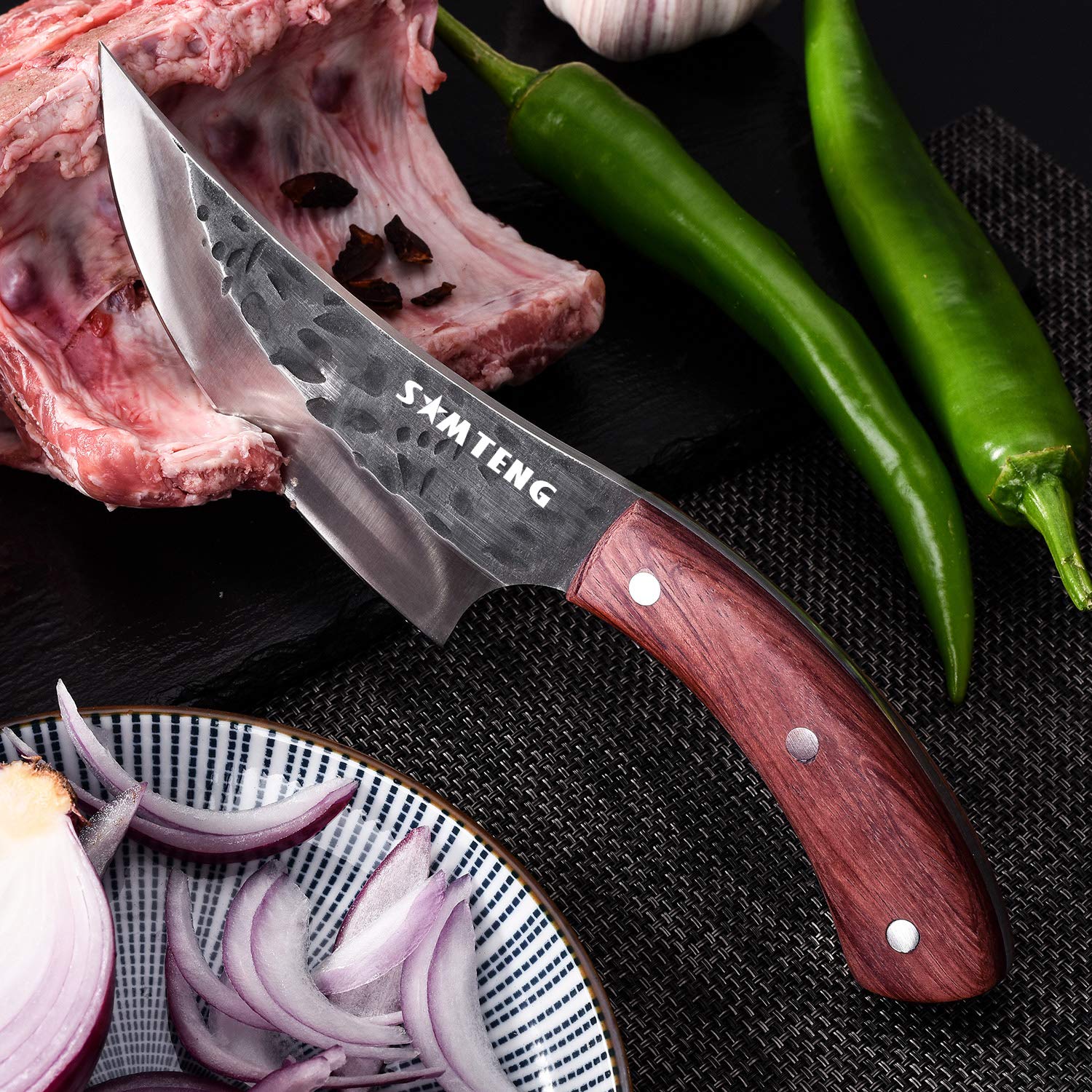 SMTENG Outdoor Survival Knife 5.5 inch,Great for Camping,Hunting and BBQ activities with Leather Sheath,Handmade Forged Hammered kitchen Knife Full tang Sharp Blade Butcher Knives Boning knife