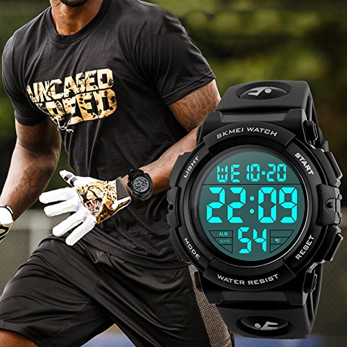 SKMEI Mens Big Dial Digital Watch Waterproof LED Chronograph Alarm Clock, Black, Strap