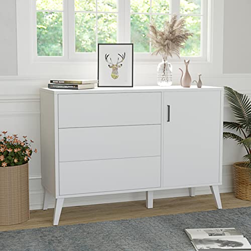 SEJOV White Dresser for Bedroom, 3-Drawer Chest Wood Dresser with Door, Wide Storage Space, Drawer Press Control Design, Large Storage Cabinet for Bedroom Living Room Hallway Entryway