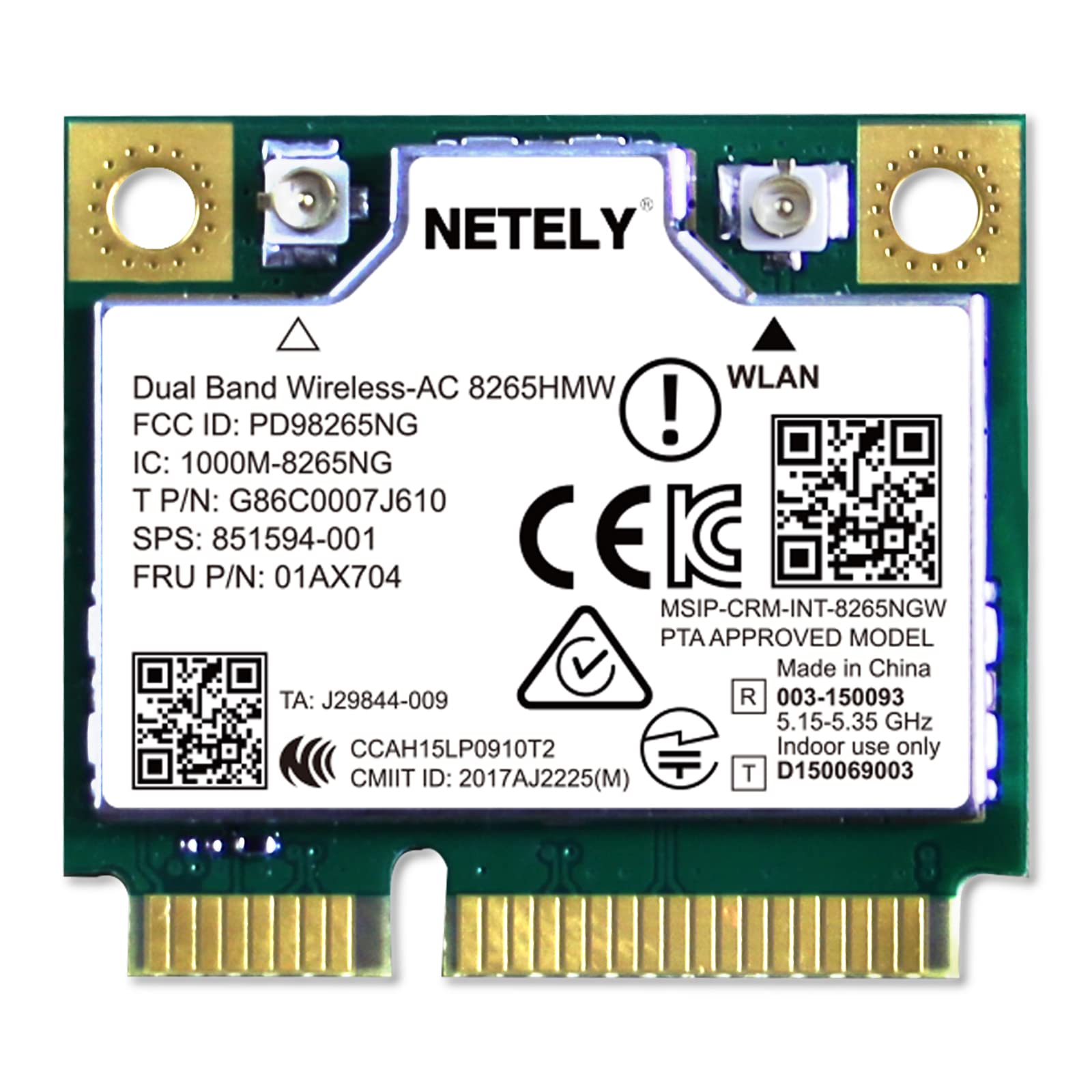 NETELY Wireless-AC 8265HMW 1200Mbps Mini-PCIE Interface WiFi Adapter with Bluetooth 4.2 for Laptop PCs, Intel Wireless-AC 8265D2W, 2.4GHz 300Mbps & 5GHz 867Mbps WiFi Card (Wireless-AC 8265HMW)