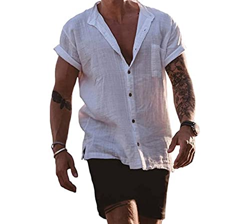 MBETA Cotton and Linen Solid Color Cardigan Loose Short Sleeve Shirt Suitable for Summer Menswear