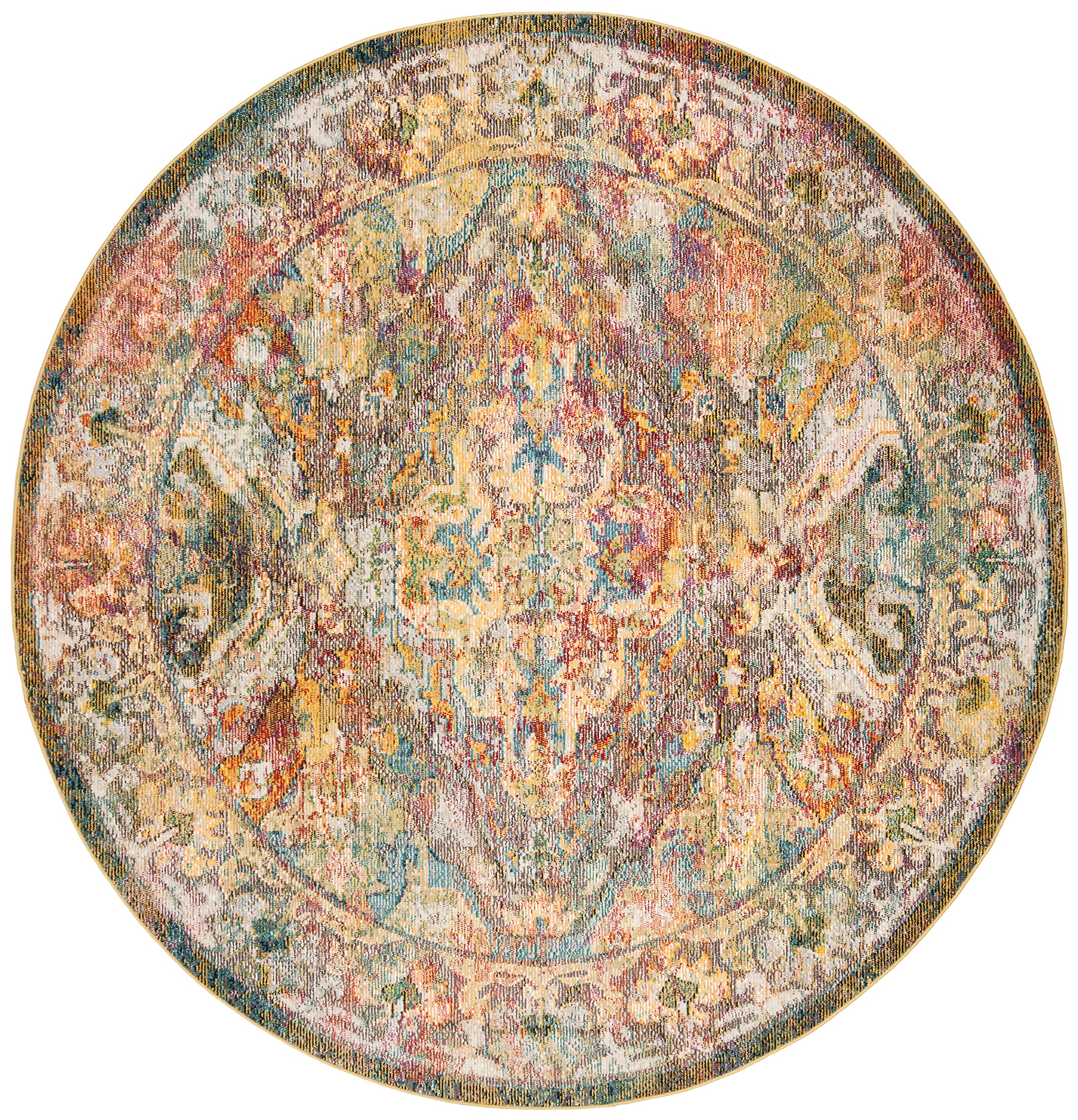 SAFAVIEH Crystal Collection Area Rug - 7' Round, Light Blue & Orange, Boho Chic Oriental Distressed Design, Non-Shedding & Easy Care, Ideal for High Traffic Areas in Living Room, Bedroom (CRS516A)