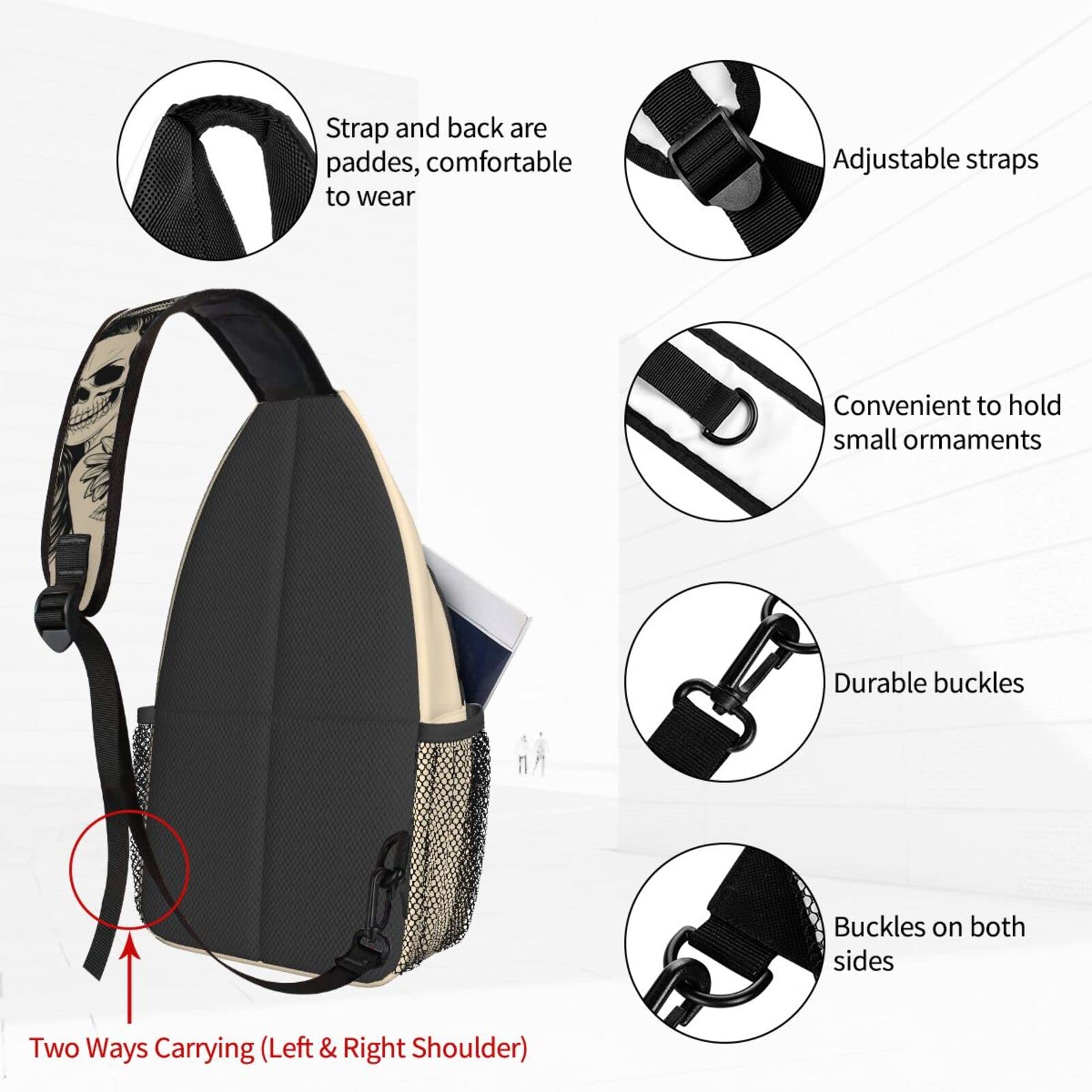 FeHuew Women Girl Skeleton Makeup Rose Skull Crossbody Sling Backpack for Men Chest Bag Shoulder Bag Lightweight One Strap Backpack Travel Outdoor Daypack