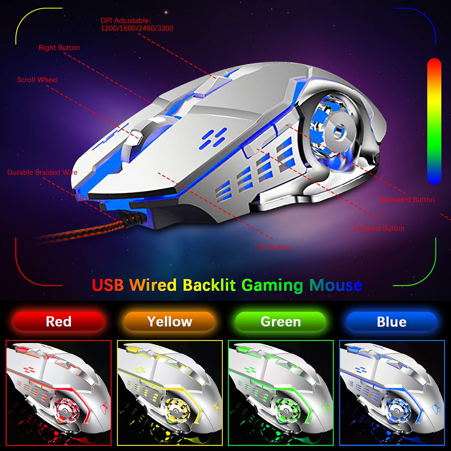 FELICON Mechanical Feeling Gaming Keyboard and Mouse Mousepad Combo,104 Keys Rainbow Backlit Gamer Keyboard and Mice Set,Large Mice pad 2400DPI 7 Button La Souris for PC Laptop Mac