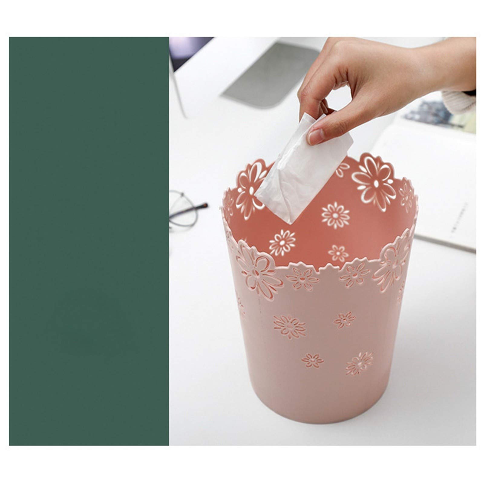 luezkyoig Mini Wastebasket 2L Beautiful Modern Pink Hollow Flower Lidless Desktop Trash Can Wastepaper Basket for Office Kitchen Bedroom Bedside Table Vanity Living Room Dining Table