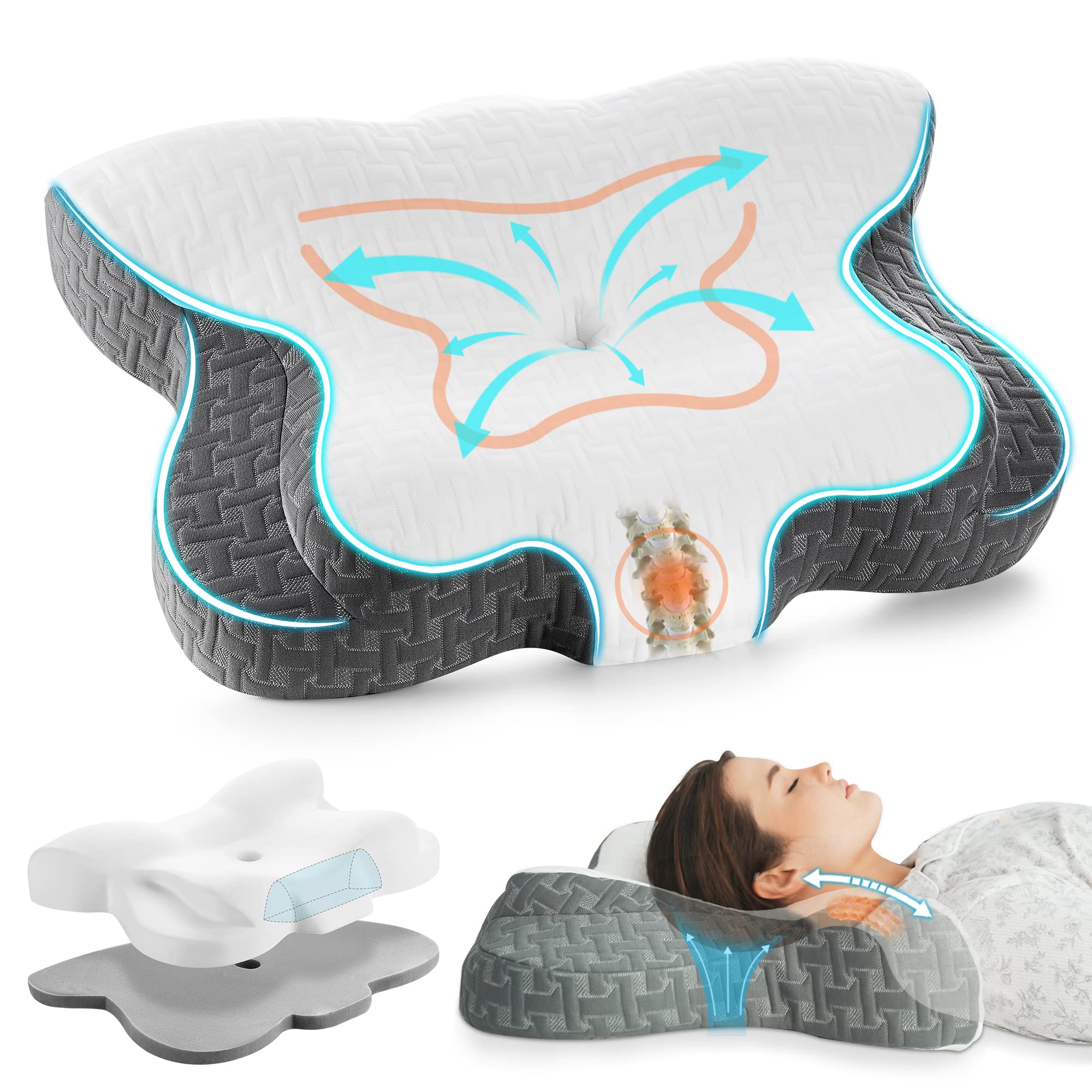 Elviros Cervical Memory Foam Neck Pillow for Pain Relief, Adjustable Orthopedic Contour Support Pillows for Sleeping, Ergonomic Bed Pillow for Side, Back, Stomach Sleepers, Queen Size (White)