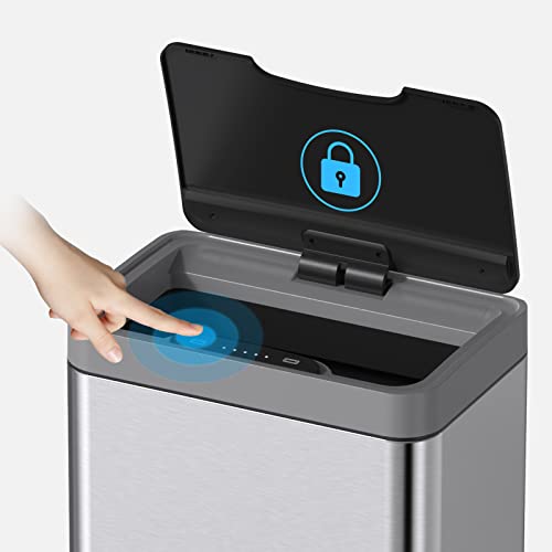 Mbillion Touchless Infrared Motion Sensor Trash Can 13.2 Gallons, Rectangular Stainless Steel Finish Hands-Free Automatic Open Smart Garbage Can for Home and Office Steel Brushed