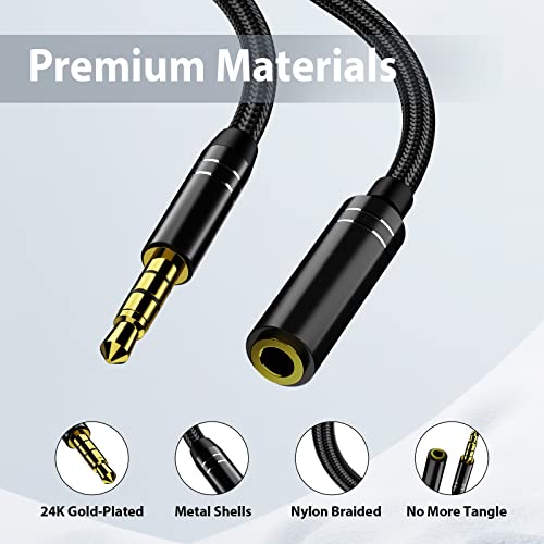 PVJALI Headphone Extension Cable(4Ft/1.2M), 3.5mm Audio Cable Male to Female, 4 Pole Hi-Fi Stereo Sound AUX Cord Extender for All 3.5 mm Enabled Devices (2 Pack - Nylon Braided Black)