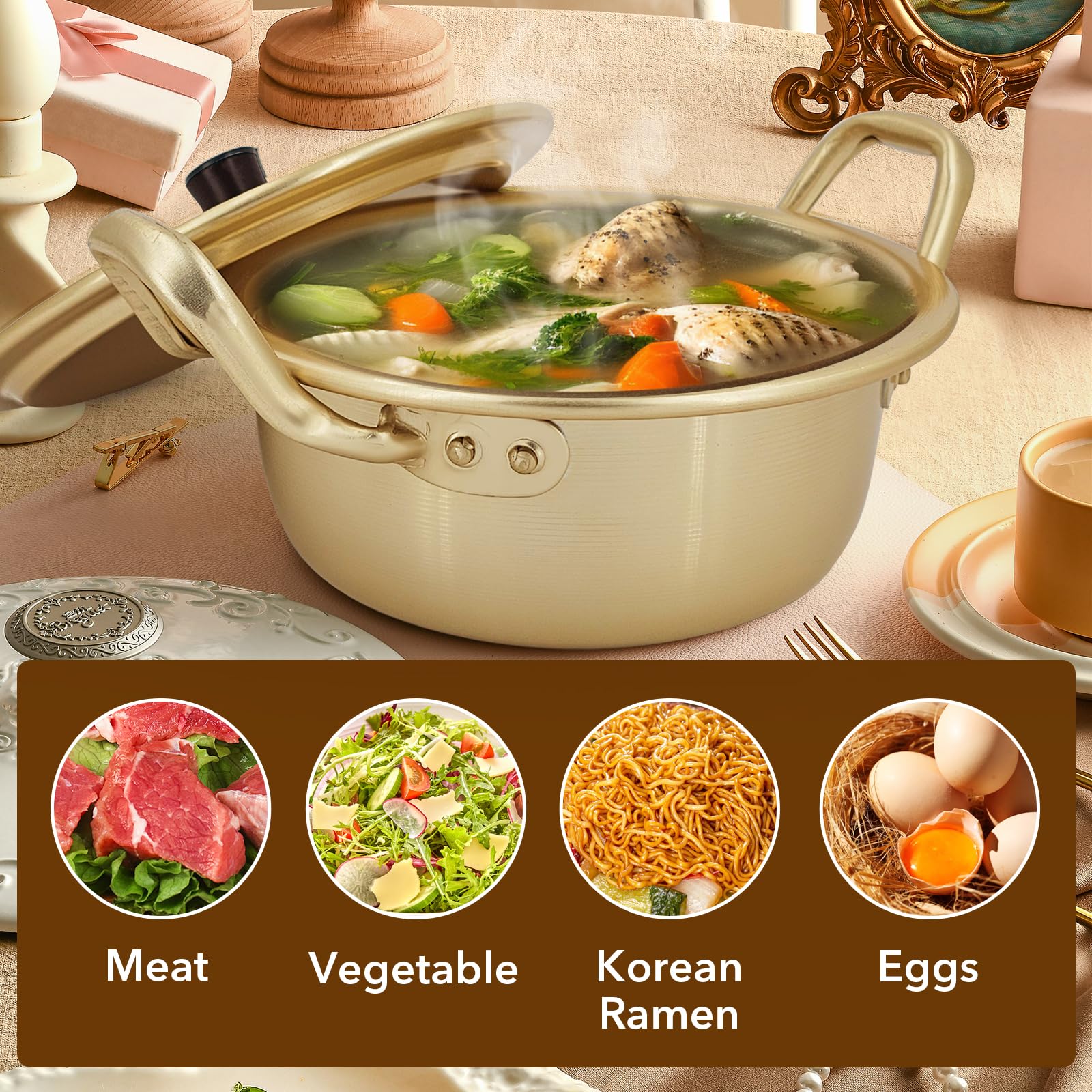 SSHAN Korean Ramen Pot with Lid - Light Weight Ramen Cooker Pot, Korean Cookware Noodle Pot Fast Heating for Kitchen Cookware, Easy Light Stockpot Soup Pot, Healthy, Sturdy, & Dishwasher Safe (16cm)