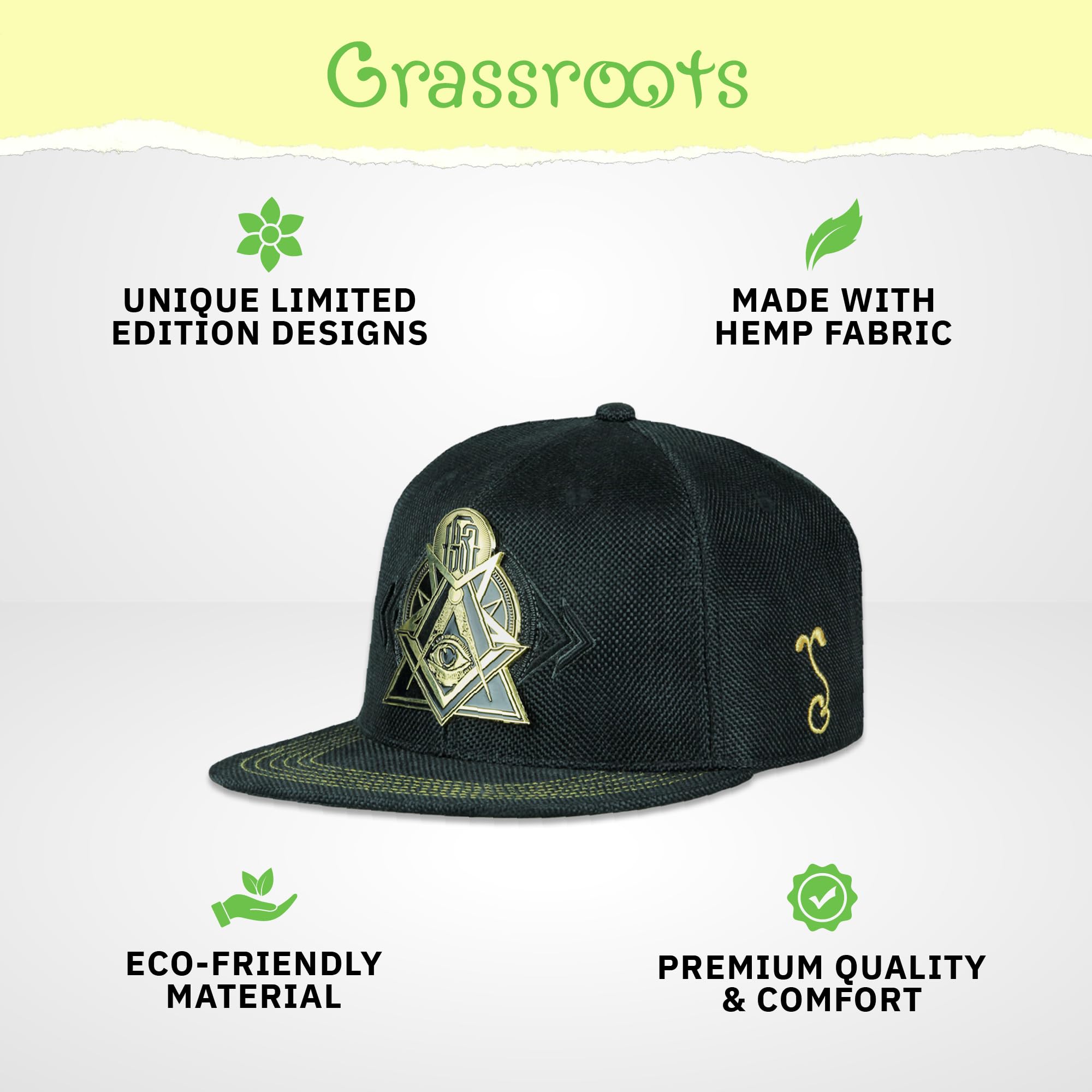 Grassroots California - Secret Society Gold Snapback, Shallow Style, 100% Cotton, Embroidered, Designed Interior (L/XL)