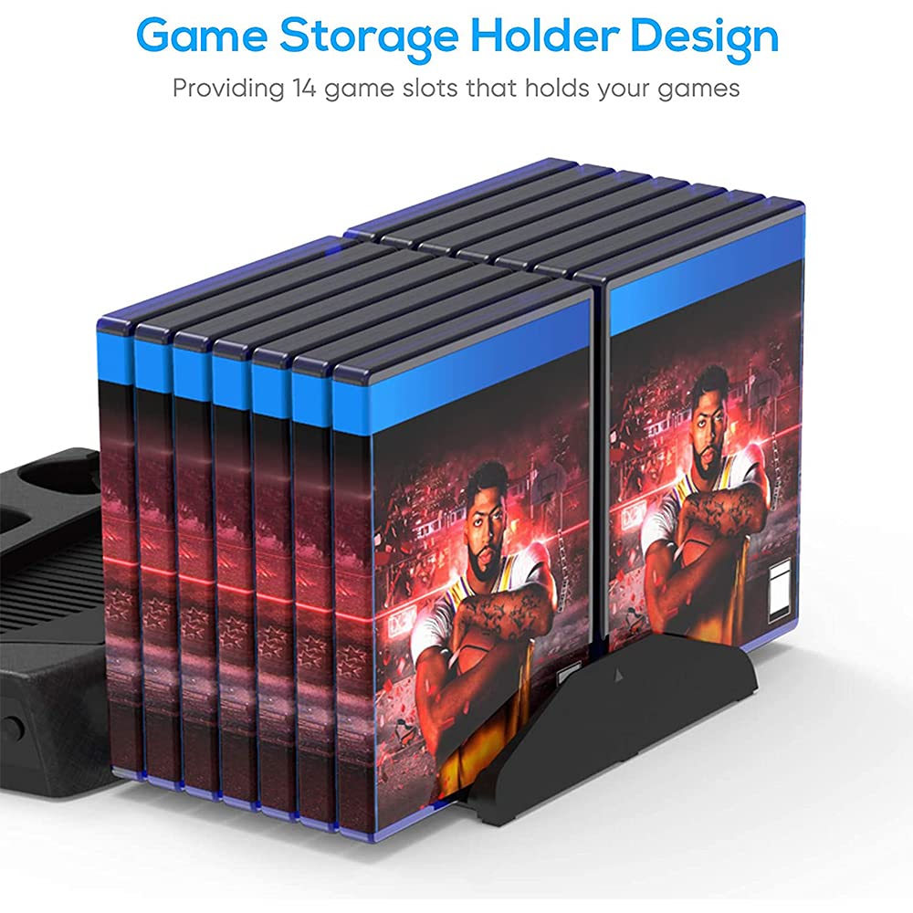 DAHAKII PS5 Vertical Stand with Cooling Fan for PS5 Digital Edition/Ultra HD Charging Dock Station with 14 Retractable Game Slots/PS5 Dual Controller Charger Ports