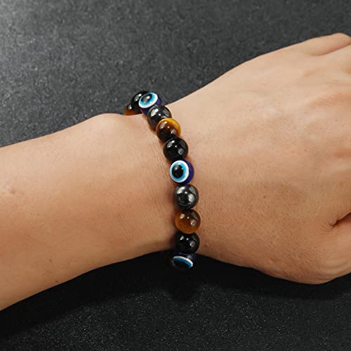 mens beaded bracelets(evil eye, tigers eye,hematite, obsidian)A handmade beaded crystal healing bracelet that can bring luck, happiness and protection(10mm elastic)