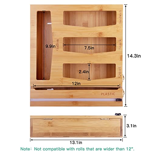 Ziplock Bag Storage Organizer with Plastic Wrap Dispenser for Kitchen Drawer, Bamboo Baggie Organizer for Gallon, Quart, Sandwich and Snack, Aluminum Foil and Wax Paper Holder Compatible with 12" Roll