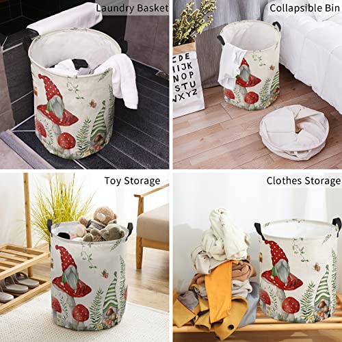 Mushroom Eucalyptus Large Laundry Basket, Collapsible Bag with Easy Carry Handles, Boho Plant Leaves Buffter-fly Waterproof Foldable Freestanding Hamper, Folding Washing Bin Clothes Storage Round