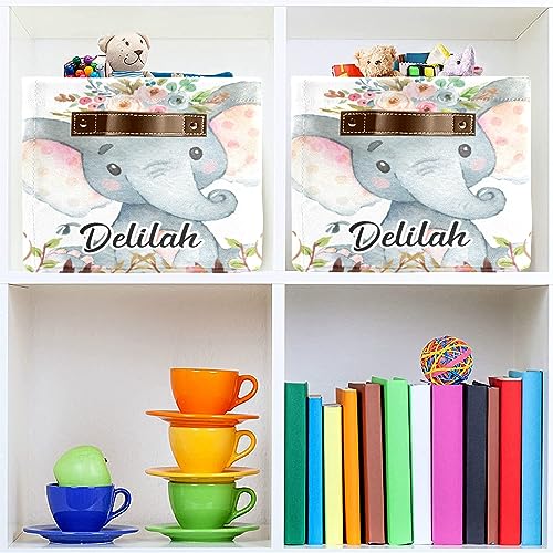 Girl Floral Elephant Personalized Storage Bins Baby Shelf Basket Custom Organizer with Handle for Bedroom Nursery Toy 1 Pack