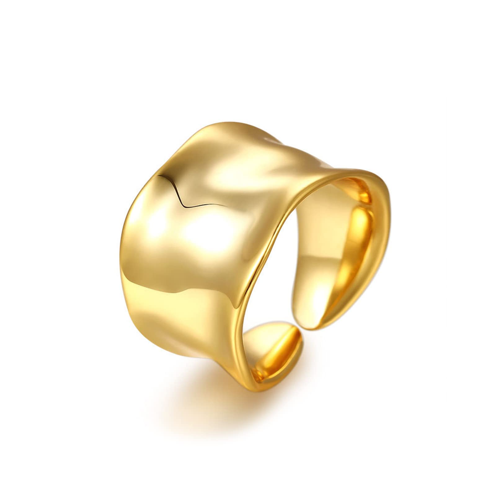 HUASAI Gold Plated Ring for Women Hammered Wide Ring Simple Chunky Band Ring Open Adjustable Knuckle Ring Statement Irregular Thumb Ring(Gold)