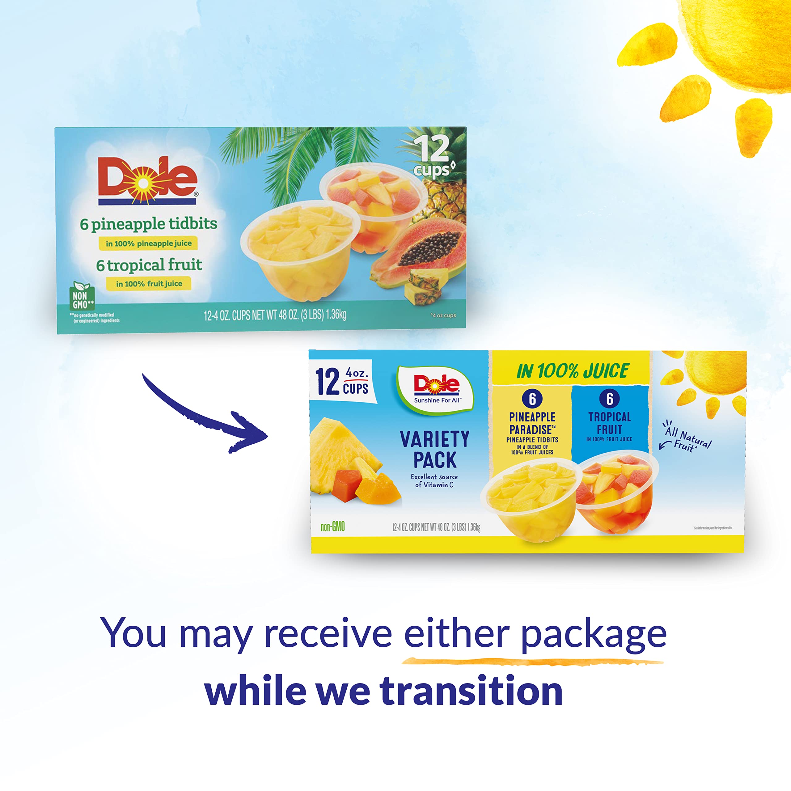 Dole Fruit Bowls Pineapple Tidbits & Tropical Fruit in 100% Juice Snacks, 4oz 12 Total Cups, Gluten & Dairy Free, Bulk Lunch Snacks for Kids & Adults