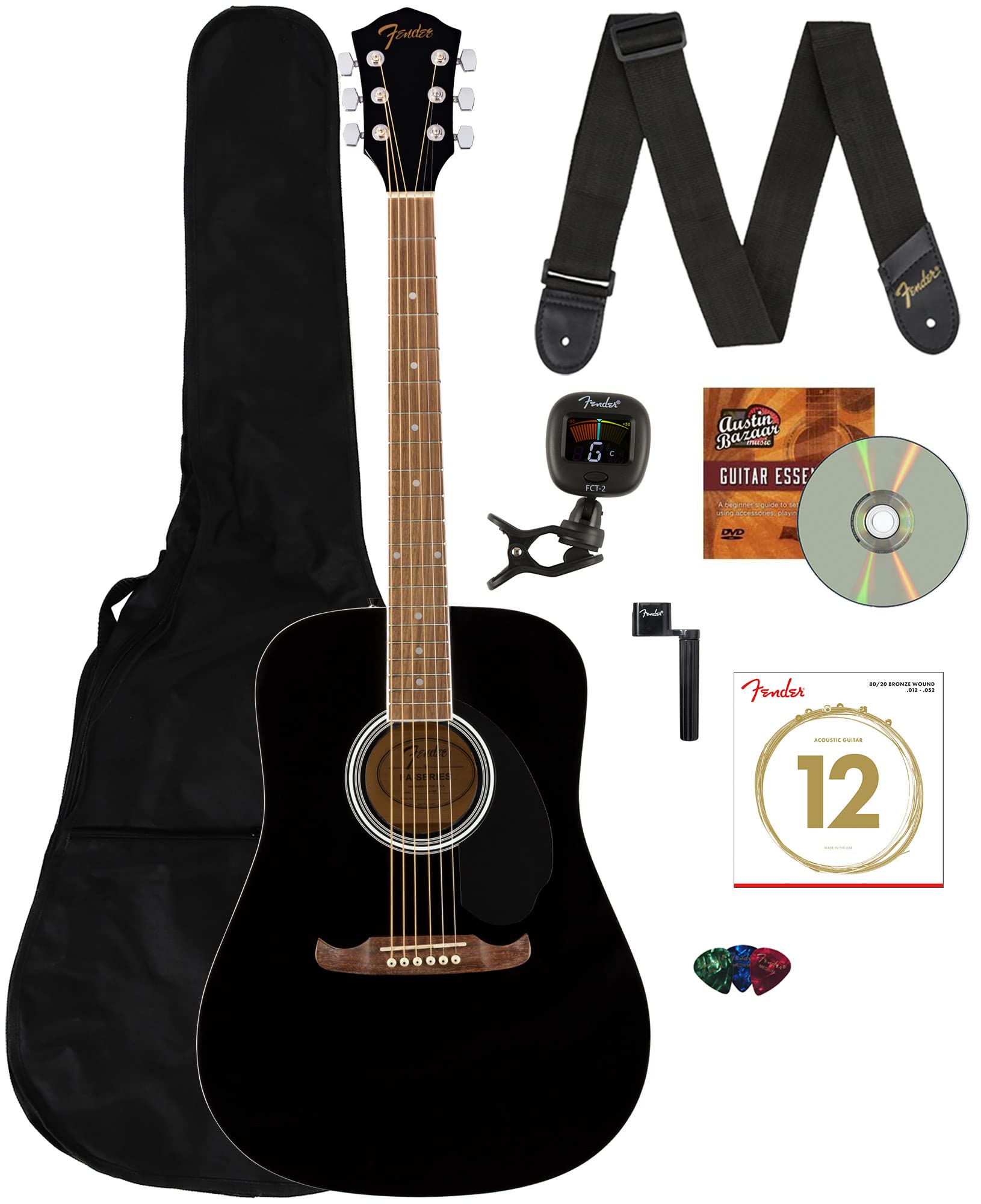 Fender FA-125 Dreadnought Guitar - Black Bundle with Gig Bag, Tuner, Strap, Strings, String Winder, Picks, and Austin Bazaar Instructional DVD