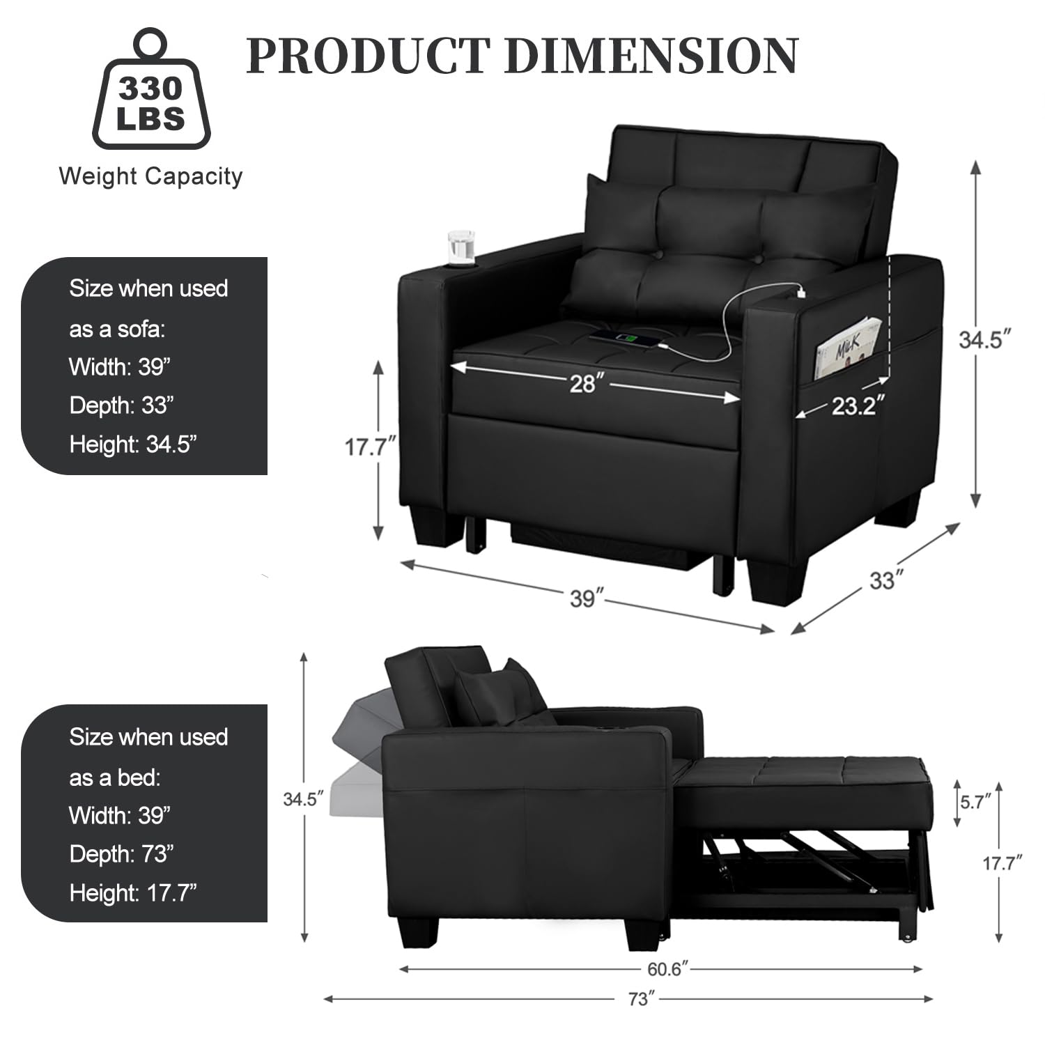 DURASPACE Pull Out Sofa Bed 3-in-1 Convertible Sofa Sleeper Chair Bed with USB, Cup Holder, Adjustable Armchair Beds for Small Spaces, Apartment, Living Room, Office (Caramel Brown Faux Leather)