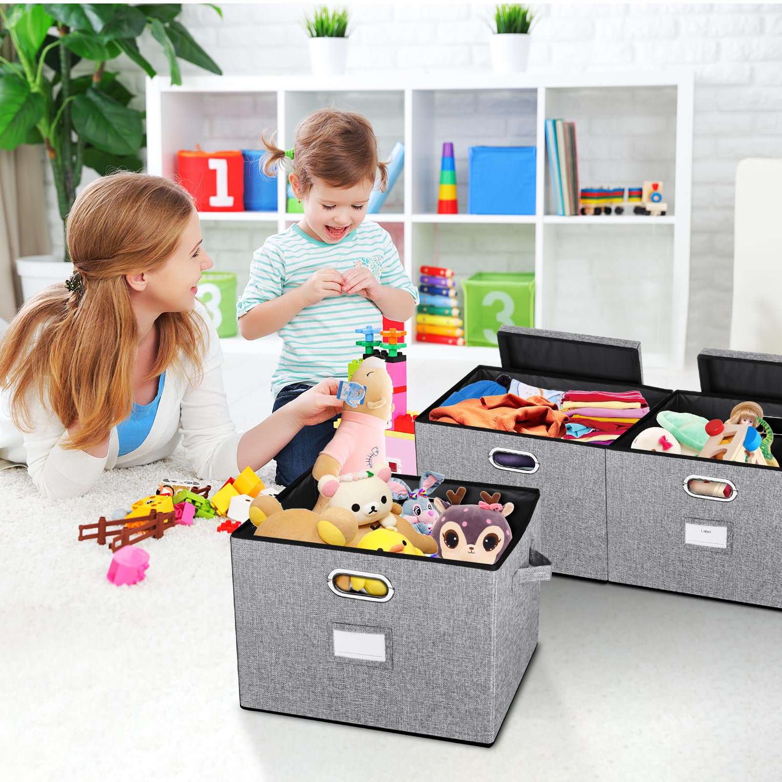Lukeline Large Toy Box, Stackable Toy Storage Organizer, Collapsible Toy Box Chest with Lid for Nursery, Playroom, Closet, Set of 3