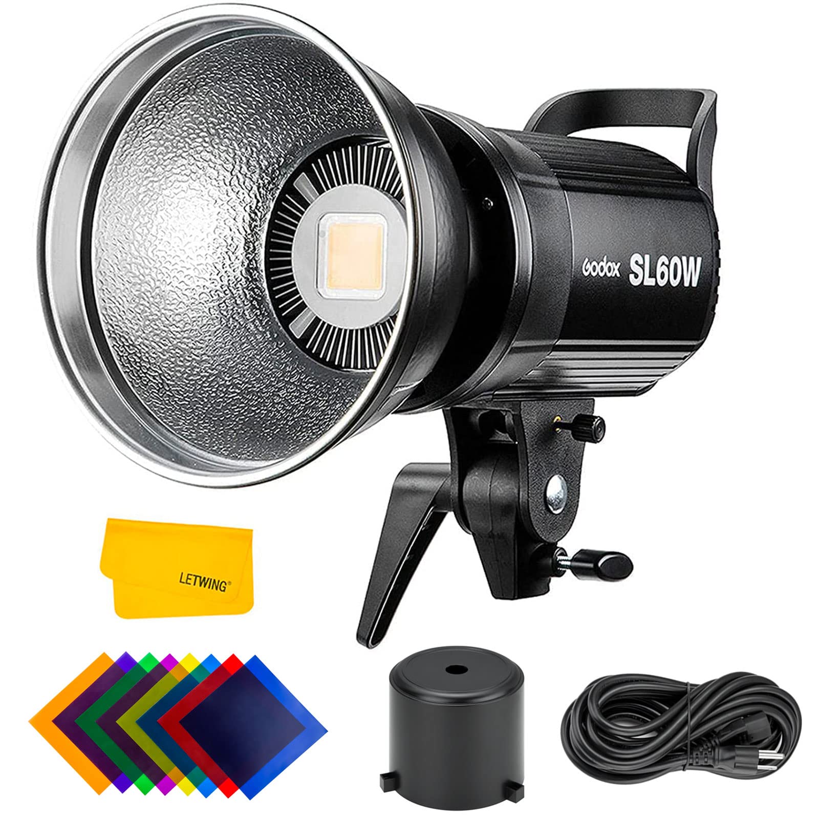 Godox SL-60W SL60W CRI95+Qa>90 5600±300K Bowens Mount LED Video Light,433MHz Grouping System,Wirelessly Adjust Brightness,for Video Recording Wedding Outdoor Shooting,W/Reflector,LETWING Color Filter