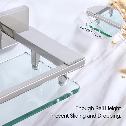 LANC Chrome Bathroom Shelf Glass Shelves 20-Inch Floating Tempered Glass Shelf Rectangular Stainless Steel Wall Mounted Silver Polished Shelves for Bathroom Kitchen Organizers Accessories,A7613CP