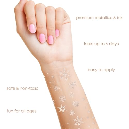 Flash Tattoos Winter Frost Metallic Temporary tattoos-2 sheet mini pack | Includes over 36 premium silver foil snowflake tattoos | snowflake glitter, snowflake sticker, Frozen party favor, winter wonderland party supplies