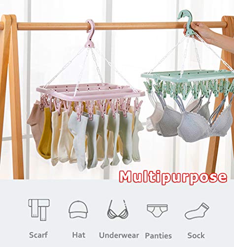 Rivama Clothes Drying Hanger with 32 Clips,Baby Clothes Drying Rack,Sock Clips for Laundry Foldable Clothes Hangers for Drying Socks,Towels,Underwear,Bras,Diapers,Baby Clothes,Gloves,Hat (Light Blue)