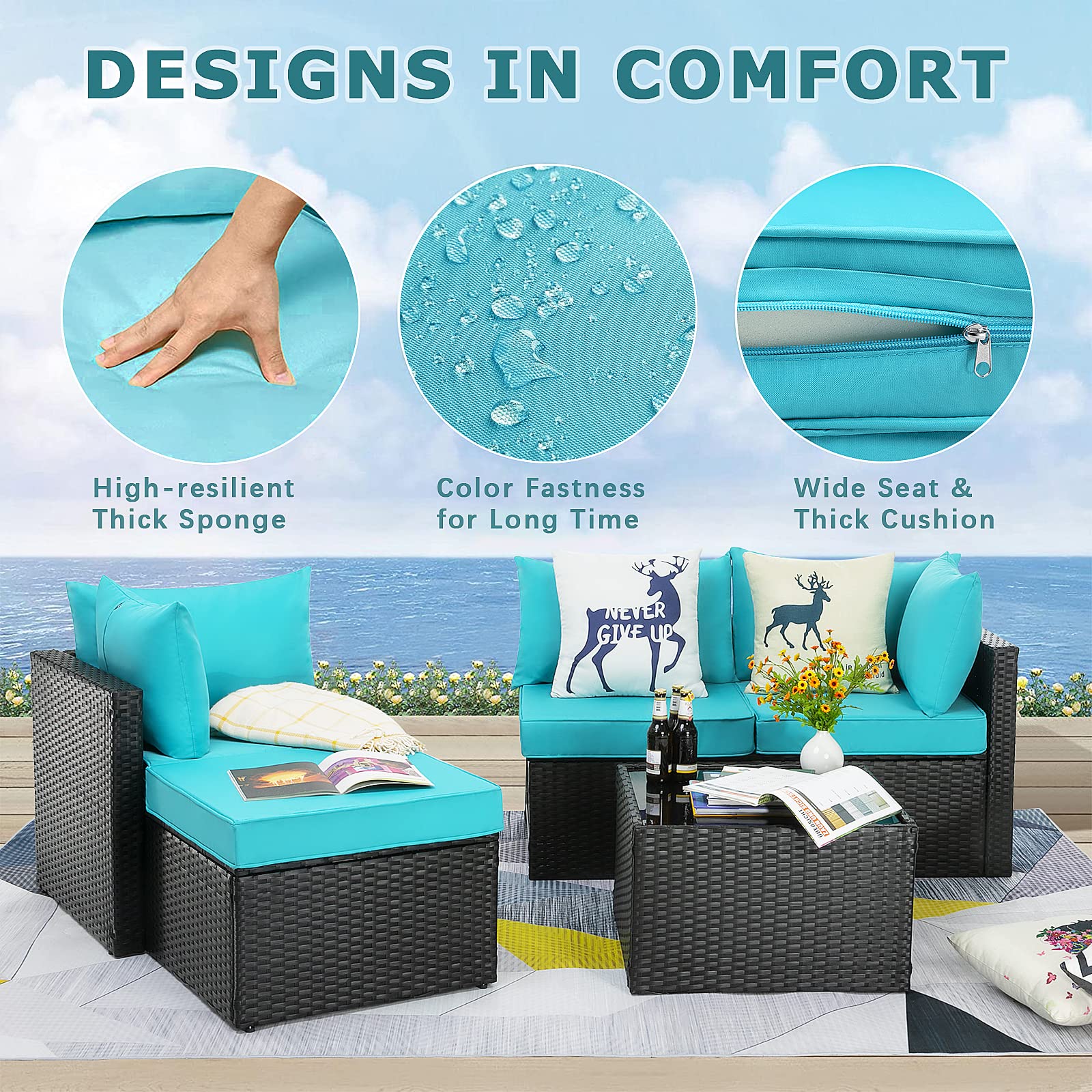 VITESSE Patio Furniture Sets All Weather Outdoor Sectional Sofa Manual Weaving Wicker Rattan Patio Conversation Set with Cushion and Glass Table (5 Pieces, Light Blue)