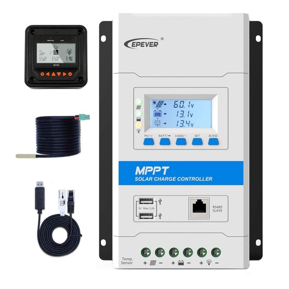 EPEVER mppt 30a Solar Charge Controller+MT50 Remote Controller kit, 12V 24V System Voltage Negative Ground Remote Control with TS-R RS485 Lead-Acid&Lithium Support