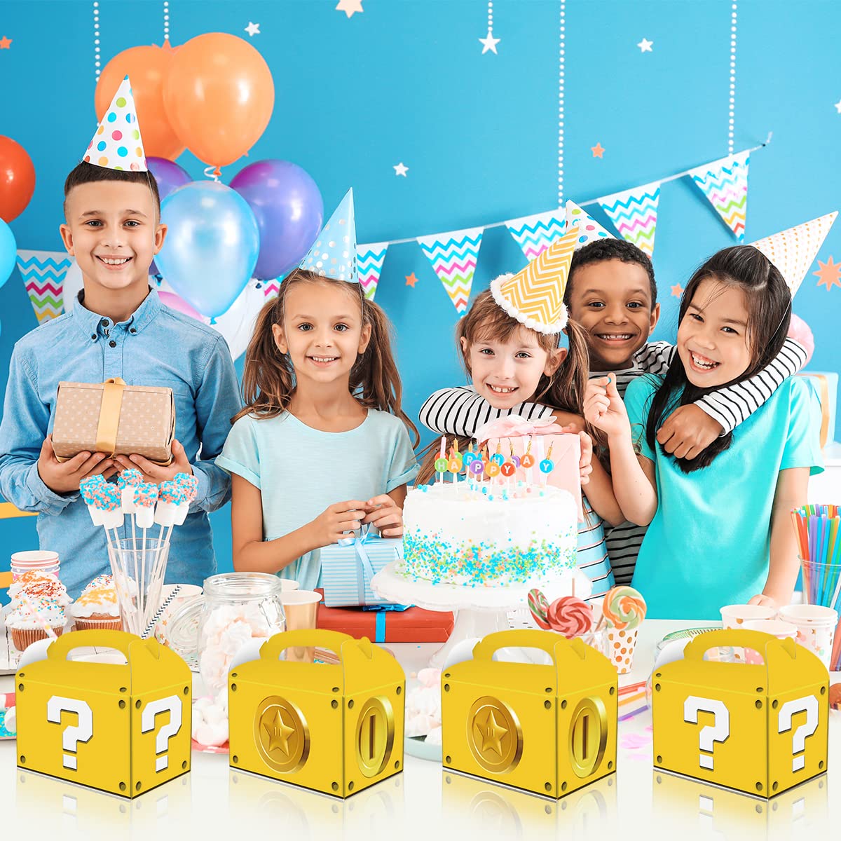 OULUN 12Pcs Mario Question Mark Party Candy Box, Super Brothers Question Mark Gold Coin Themed Party Candy Box