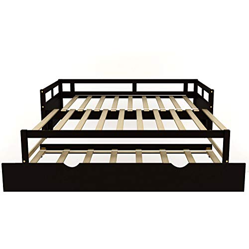 Merax Modern Wood Daybed with Pop Up Trundle Twin to King Triple Sofa Bed Frame for Kids Teens Adults/No Box Spring Needed Espresso