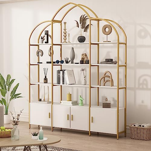 Semoic Triple Wide 5-Tier Gold Bookshelf, 70.87" L x 86.61" H Extra Bookcase with Storage Cabinet, Modern Etagere Bookcase Tall Open Display Shelf for Home Office, Gold&White