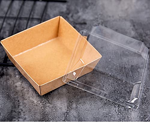 XIAOHONG 50 Pack Paper Charcuterie Boxes with Clear Lids, Disposable Sandwich Boxes 5'' Square To Go Food Containers for Bakery Desserts, Cake Slice, Cookies,Strawberries(Brown)