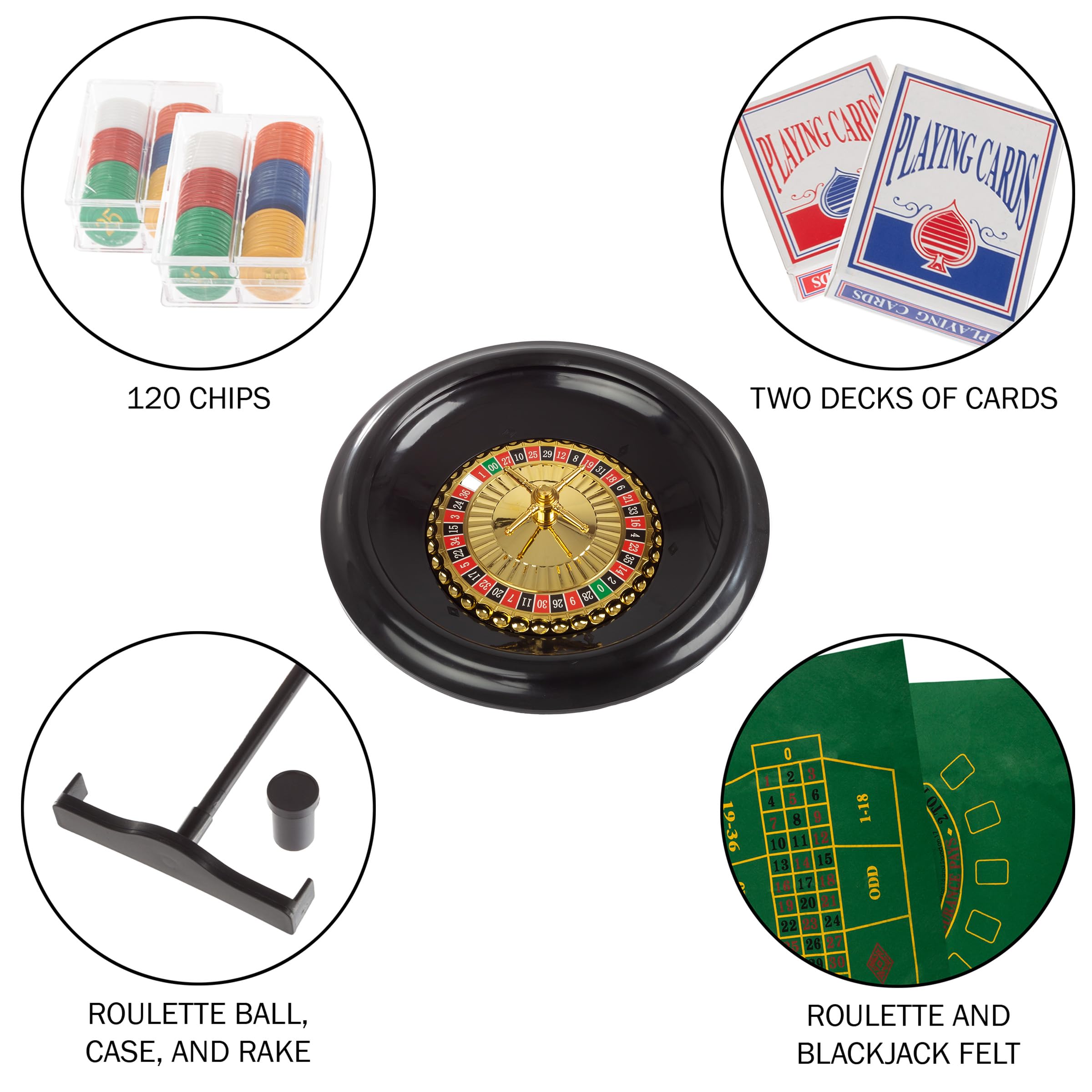 Trademark Poker Roulette Wheel Set β 16-Inch Gambling Wheel with Reversible Roulette and Black Jack Table Cotton, Chips, 2 Decks of Cards, and More