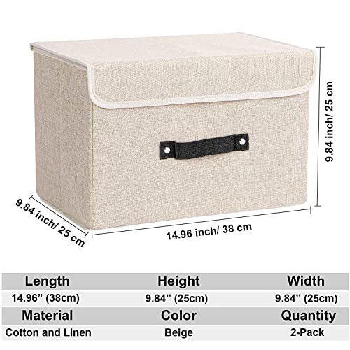 mee'life Foldable Storage Boxes with Lids 2 Pack Fabric Storage Bins with Lids, Closet Organizers for Clothes Storage, Room Organization, Office Storage, Toys - Beige